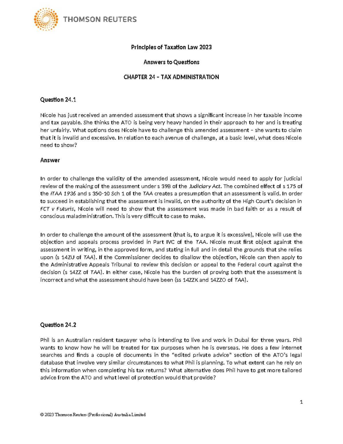 Po TL 2023 Ch 24 Tax Administration Answers - Principles of Taxation Law 2023 Answers to ...