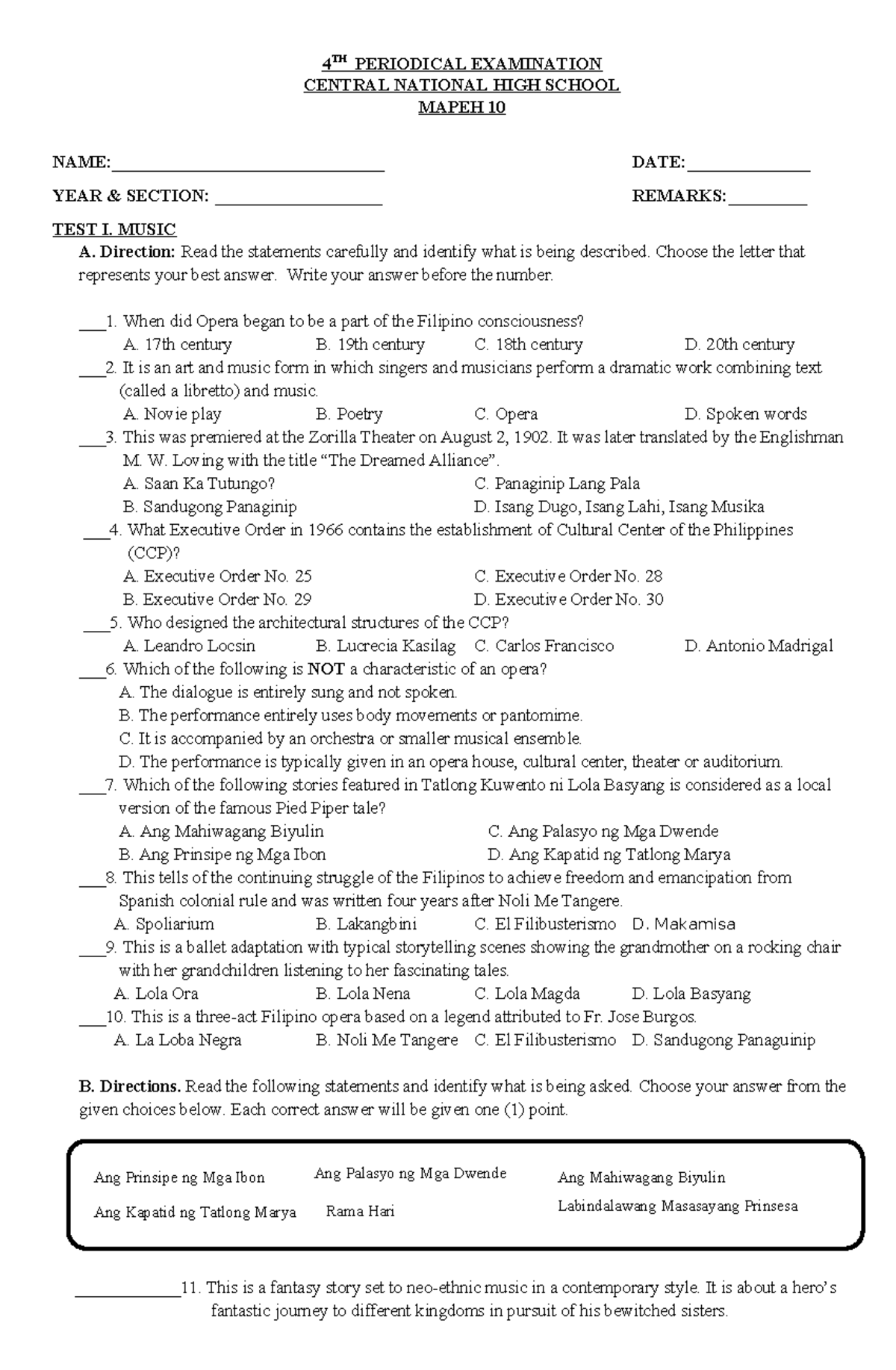4TH Periodical Examination - 4 TH PERIODICAL EXAMINATION CENTRAL ...