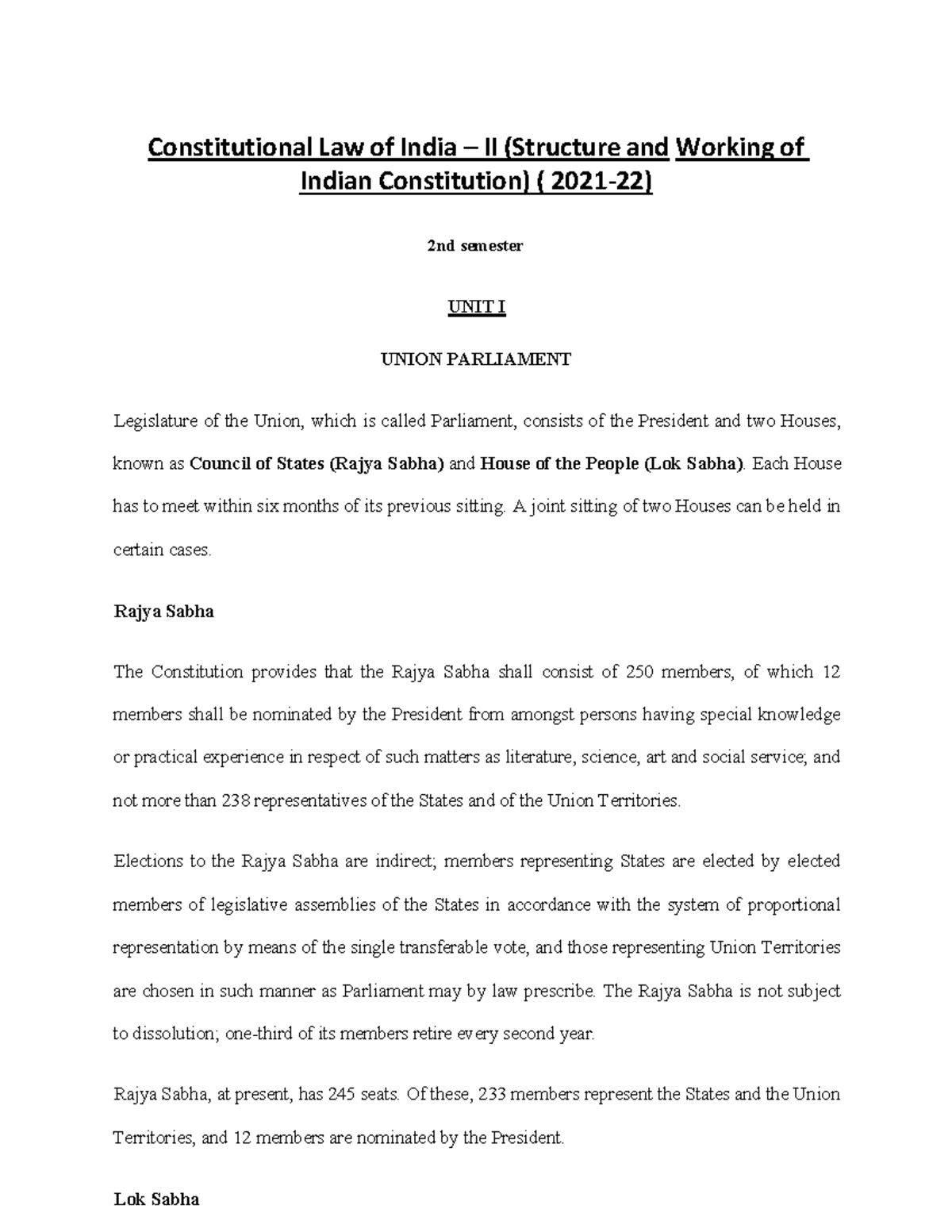 Constitution - II - Notes - Constitutional Law of India – II (Structure ...