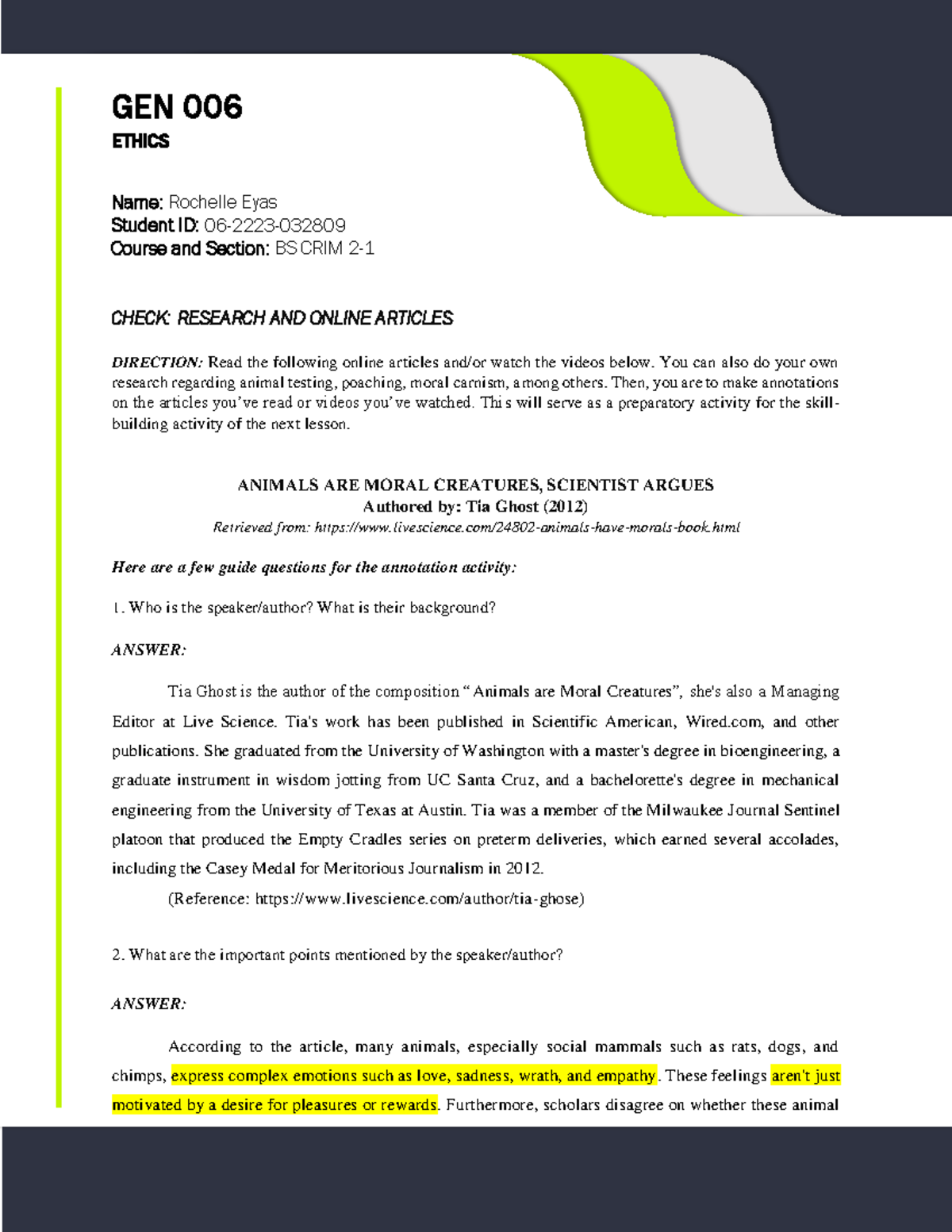 Article Reading Animals are Moral Creatures - GEN 006 ETHICS Name ...