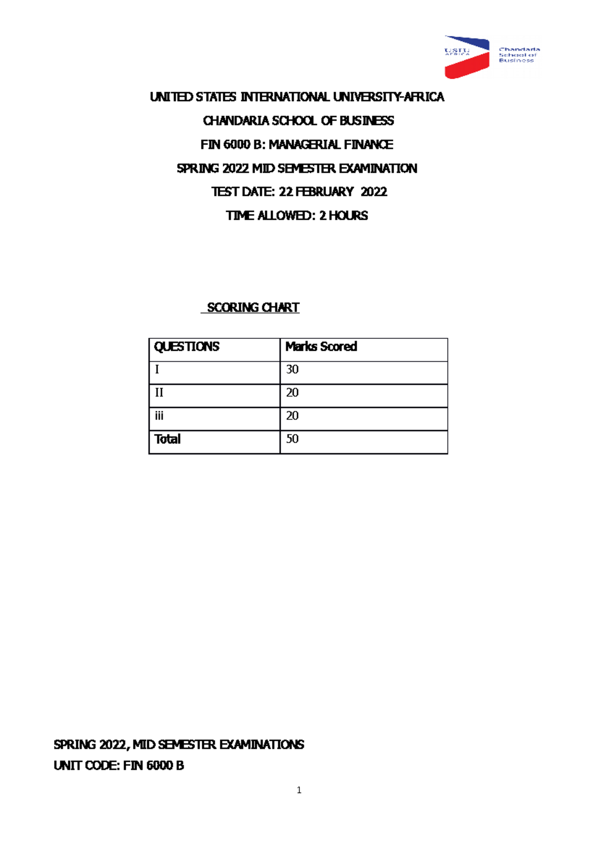 FIN 6000 B Spring 2022 MID Semester Exams - UNITED STATES INTERNATIONAL ...