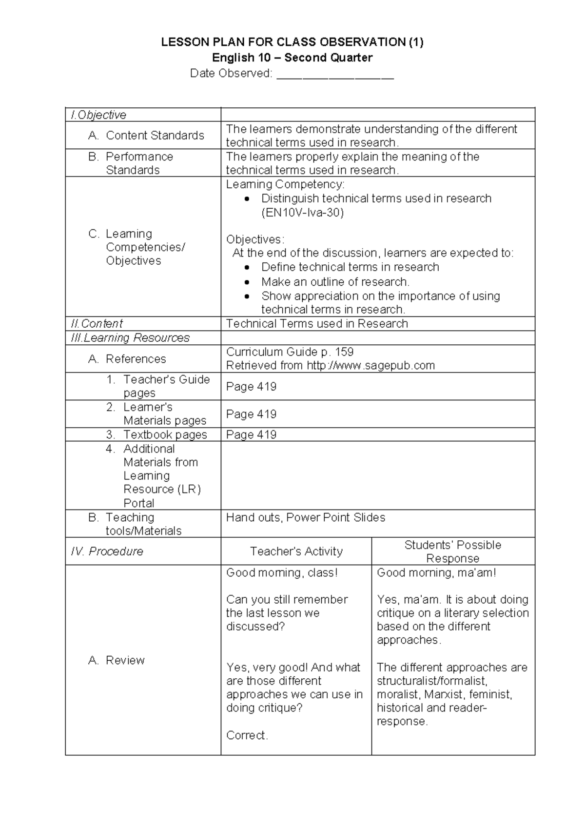 Ilide - none - LESSON PLAN FOR CLASS OBSERVATION (1) English 10 ...