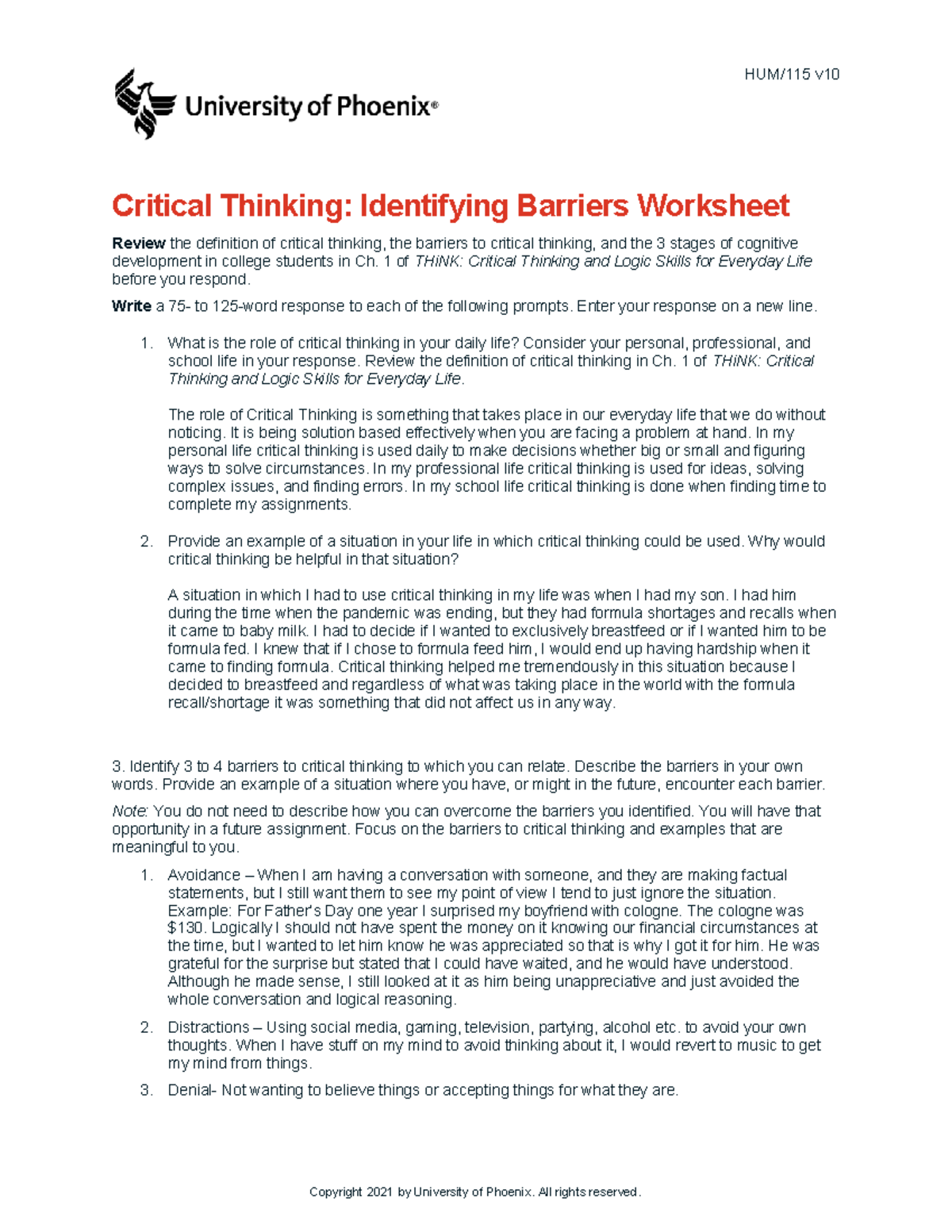 Hum115 v10 wk1 critical thinking identifying barriers worksheet - HUM ...