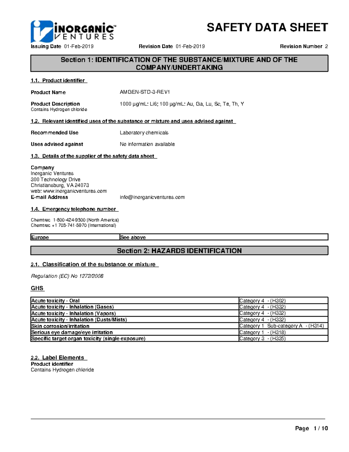 SDS Inorganic Ventures CAS No. 7647-01-0 2019 0201 CRM 3 Standard ...