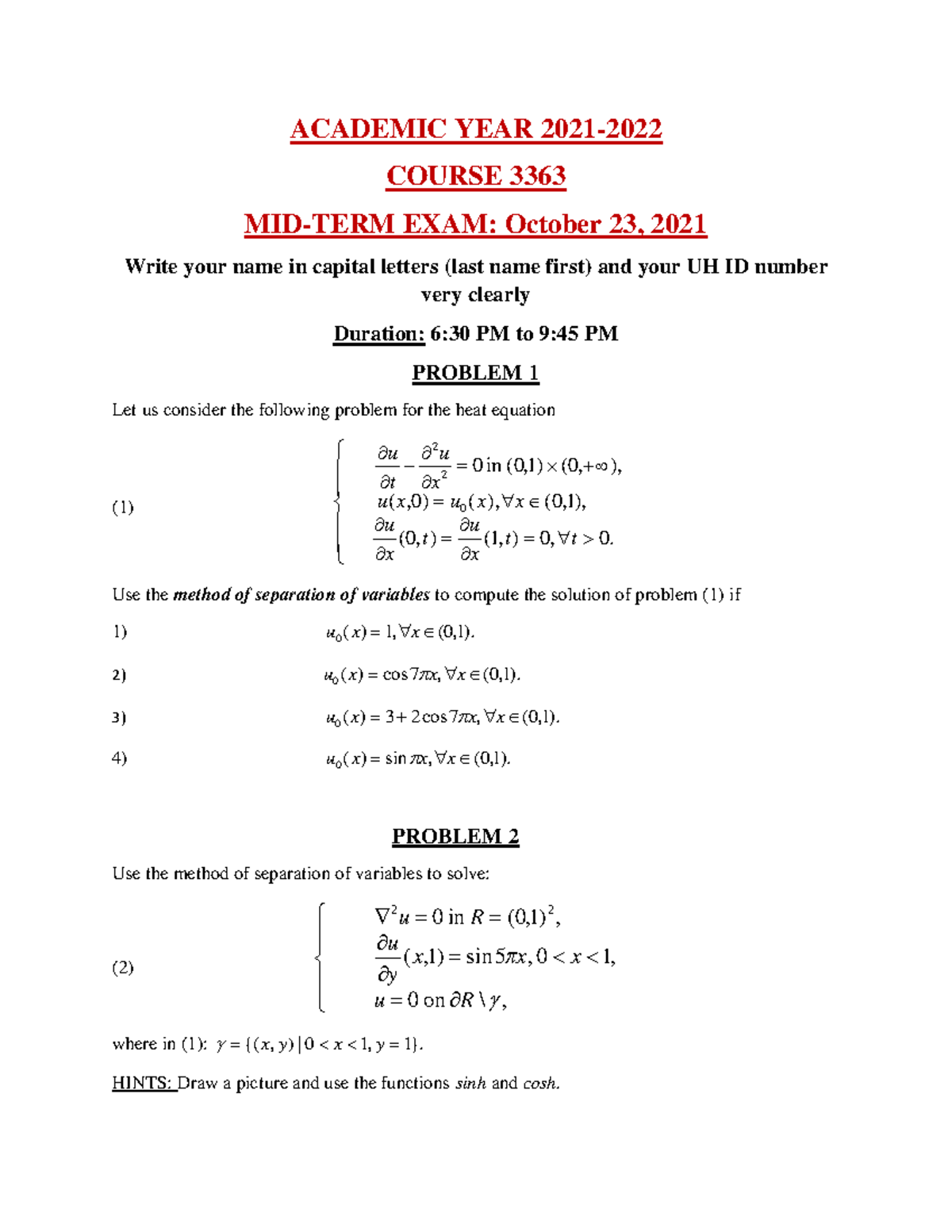 3363 midfall 2021 - Assignment - ACADEMIC YEAR 2021- COURSE 3363 MID-TERM EXAM: October 23, 2021 ...