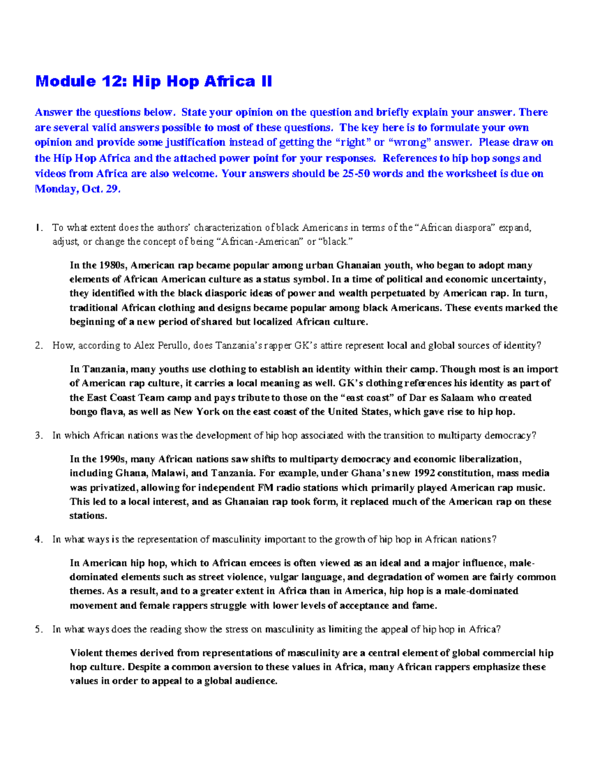 IST 316 Module 12 - Grade: A - Module 12: Hip Hop Africa II Answer the ...