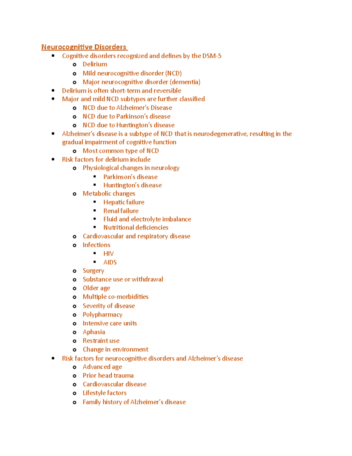 Neurocognitive Disorders Notes - H476 - Studocu