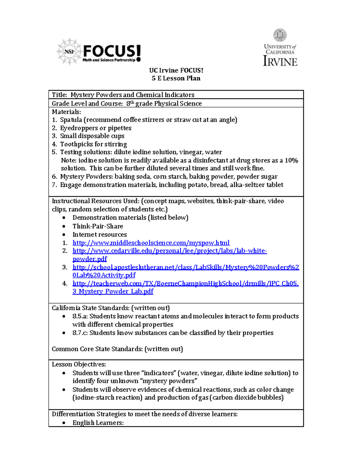 Mystery Powder ID Lesson Plan - UC Irvine FOCUS! 5 E Lesson Plan Title ...