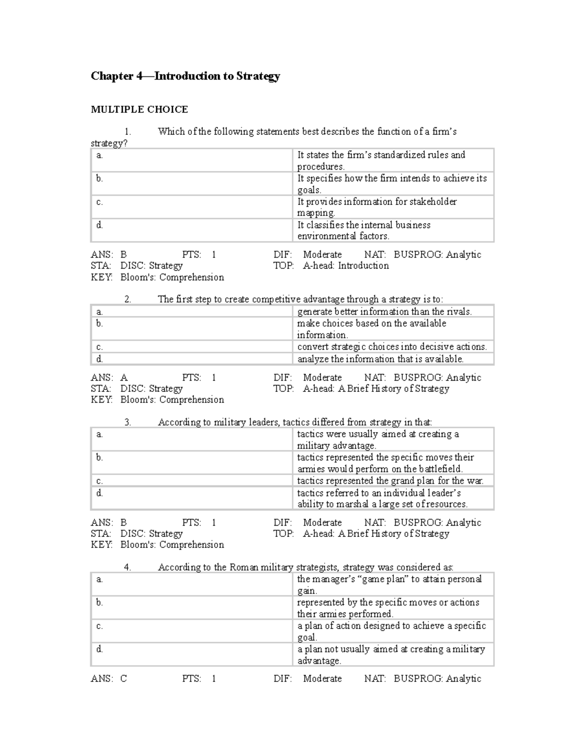 Chapter 04 - Chapter 4—Introduction to Strategy MULTIPLE CHOICE 1 ...