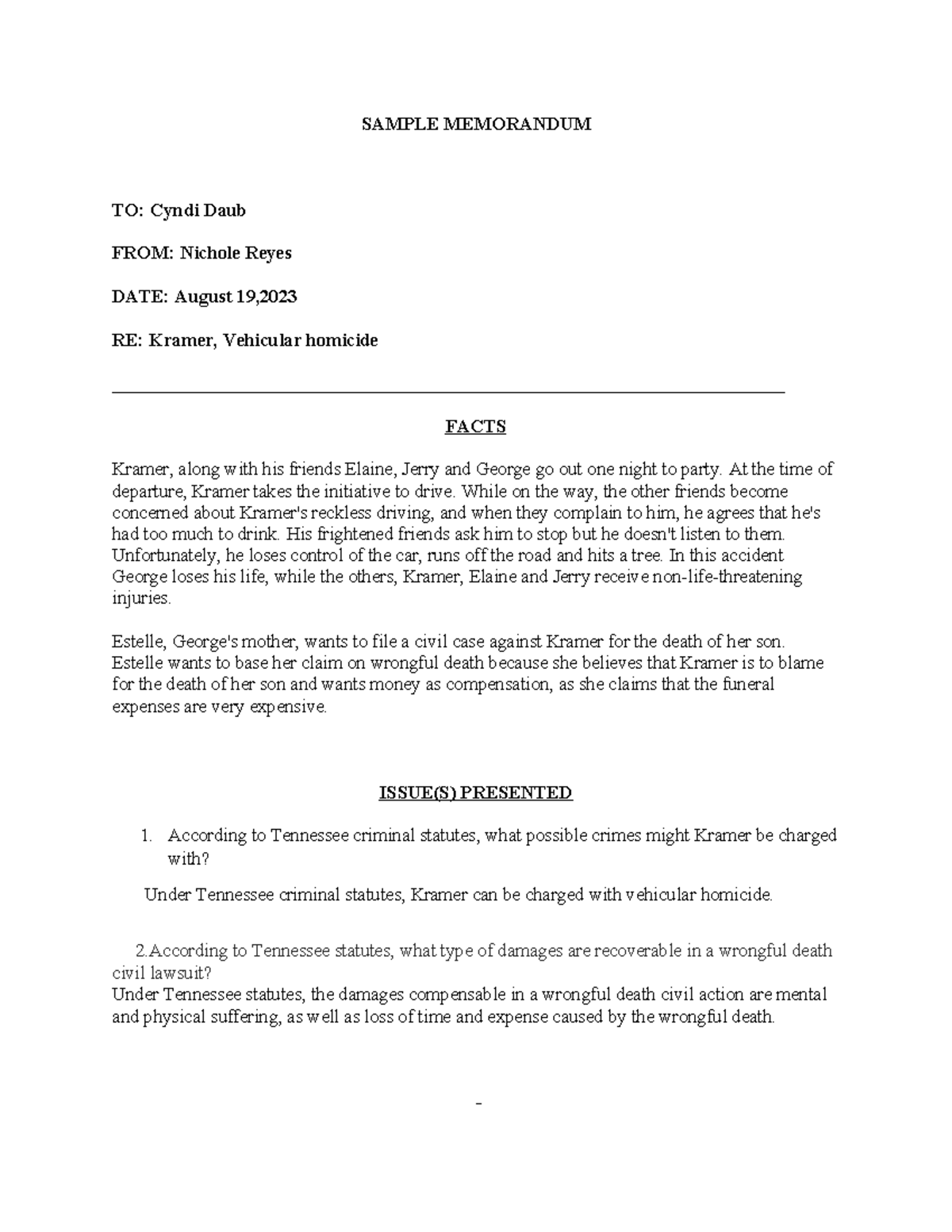 Nreyes vehicularhomicideandwronfuldeathlegalmemorandum 081923 - SAMPLE ...