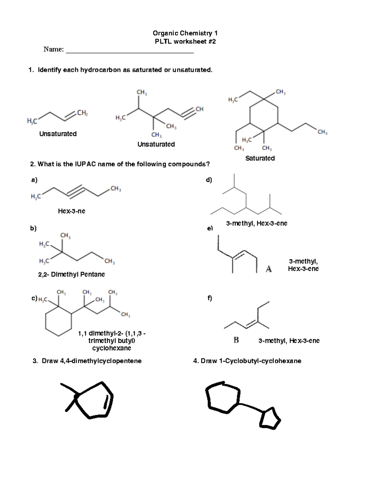 Organic Chemistry 1 Worksheet number 2 on naming and identifying ...