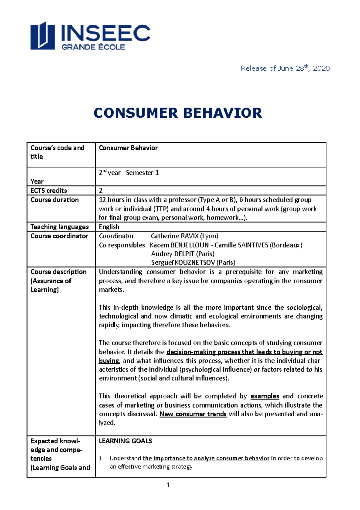 Syllabus Consumer Behavior 2020-2021 - DEF - Release of June 28th, 2020 ...