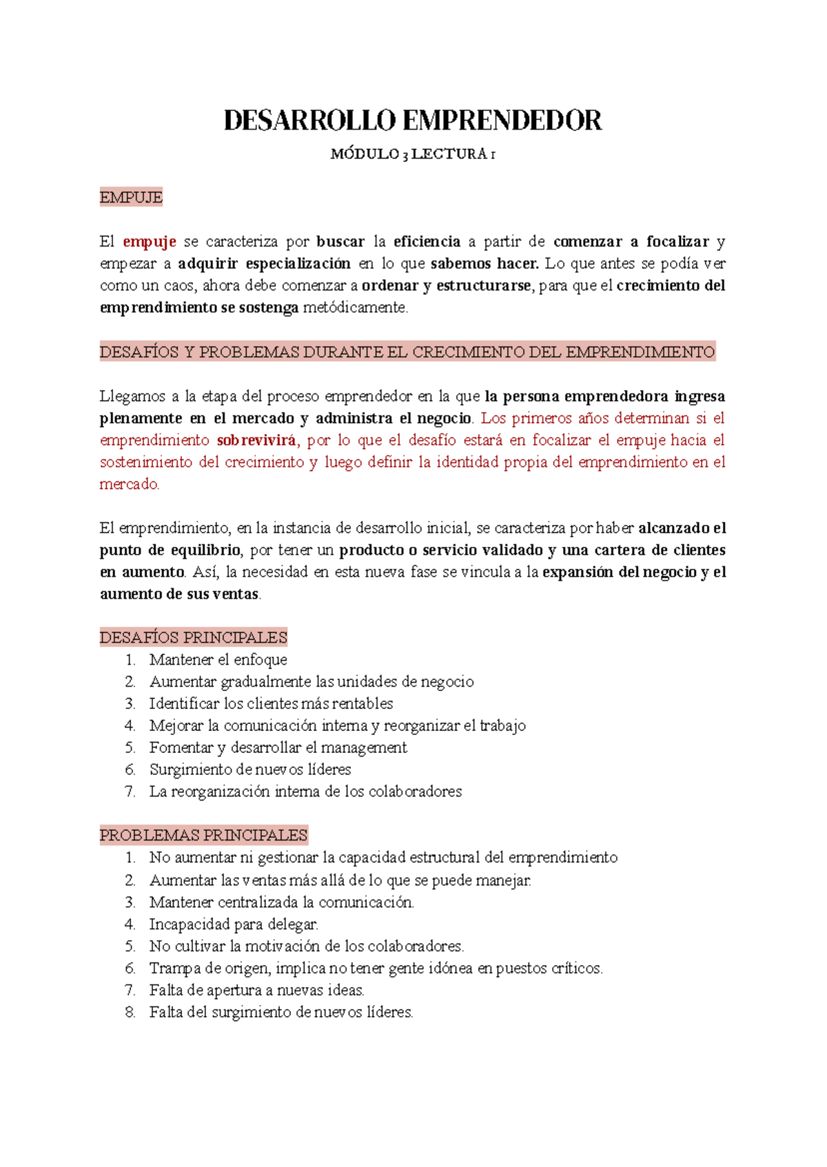 Desarrollo Emprendedor M3 Y M4 - DESARROLLO EMPRENDEDOR MÓDULO 3 LECTURA 1 EMPUJE El empuje se ...