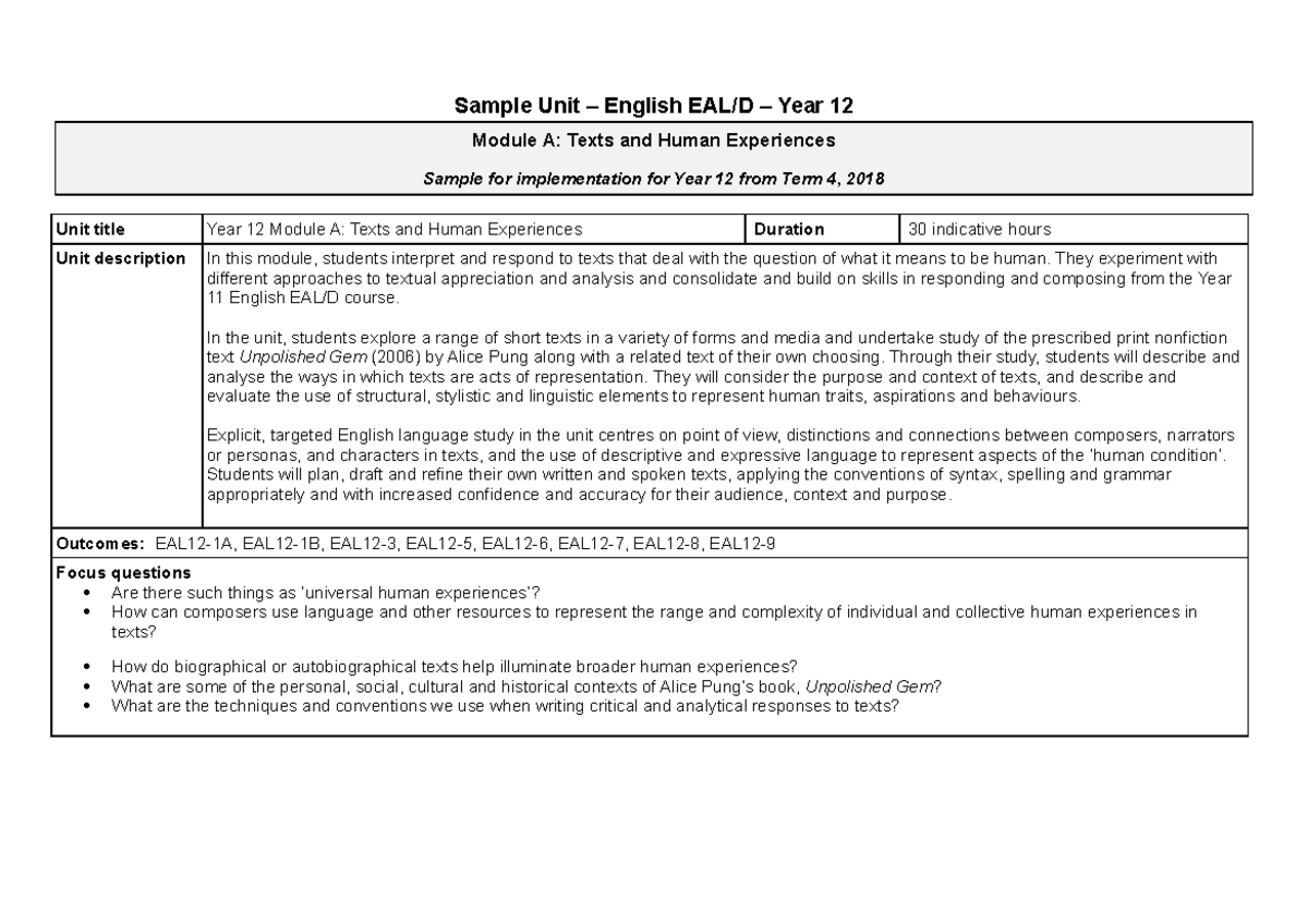 Stage 6 english eald texts and human experiences sample unit - Sample ...