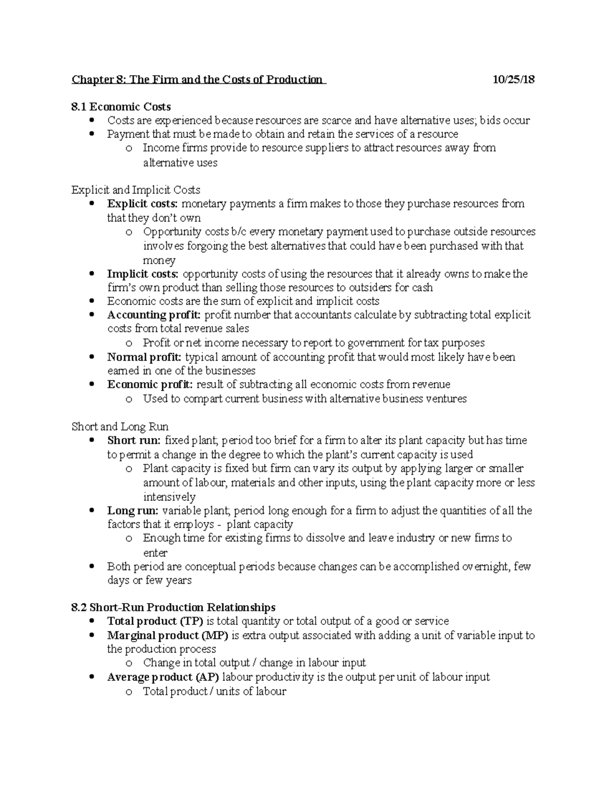 Econ Chapter 8 - Textbook and lecture - Chapter 8: The Firm and the ...