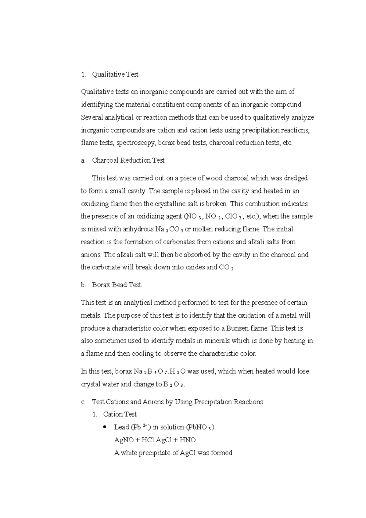 Charcoal Reduction Test - 1. Qualitative Test Qualitative tests on ...