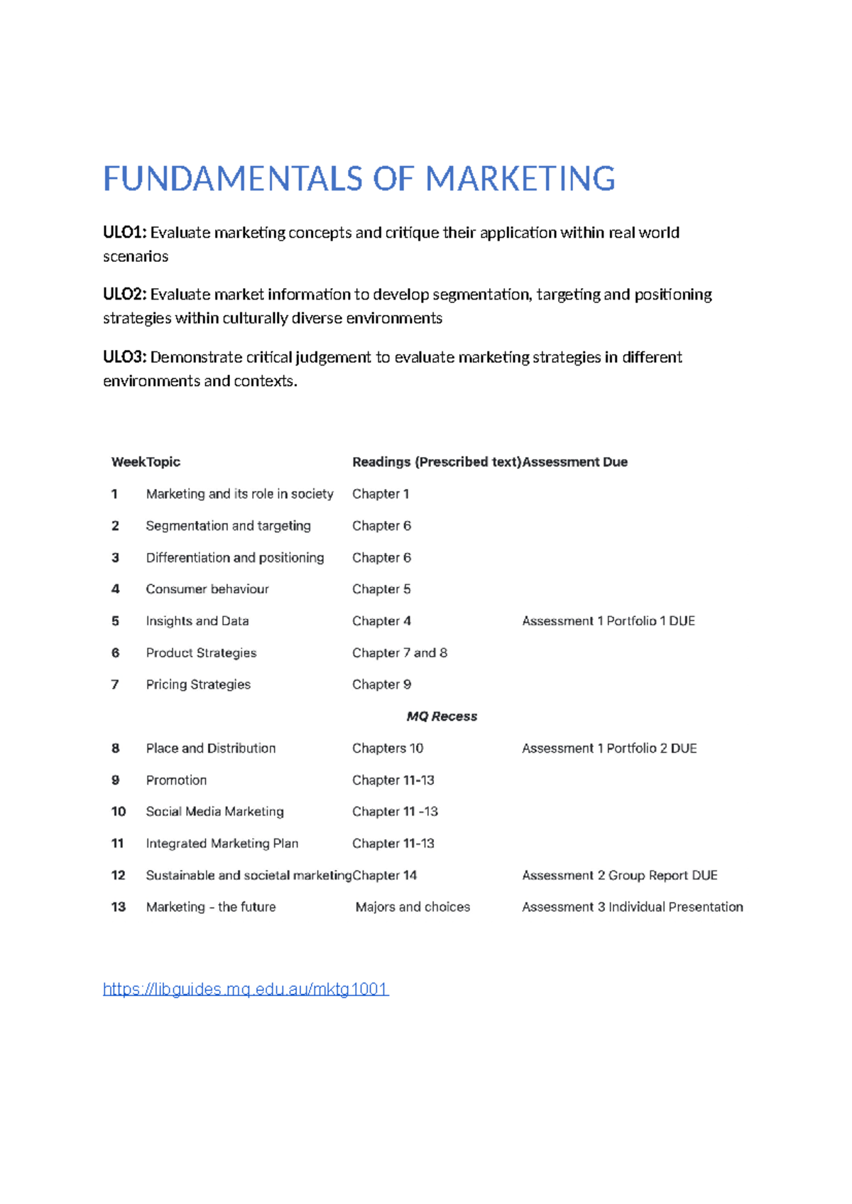 Fundamentals of Marketing - FUNDAMENTALS OF MARKETING ULO1: Evaluate ...