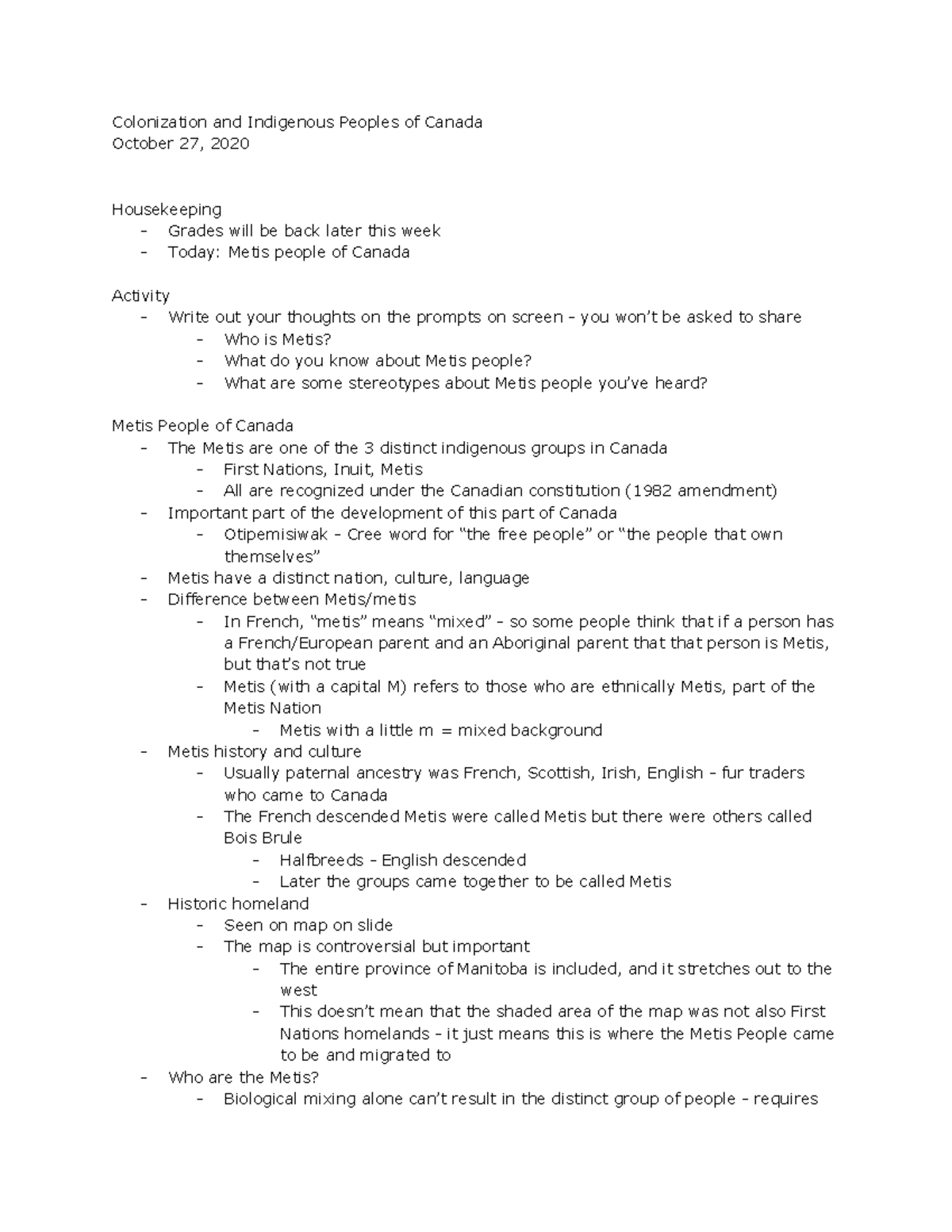 Colonization and Indigenous Peoples - Oct. 27 - Colonization and ...