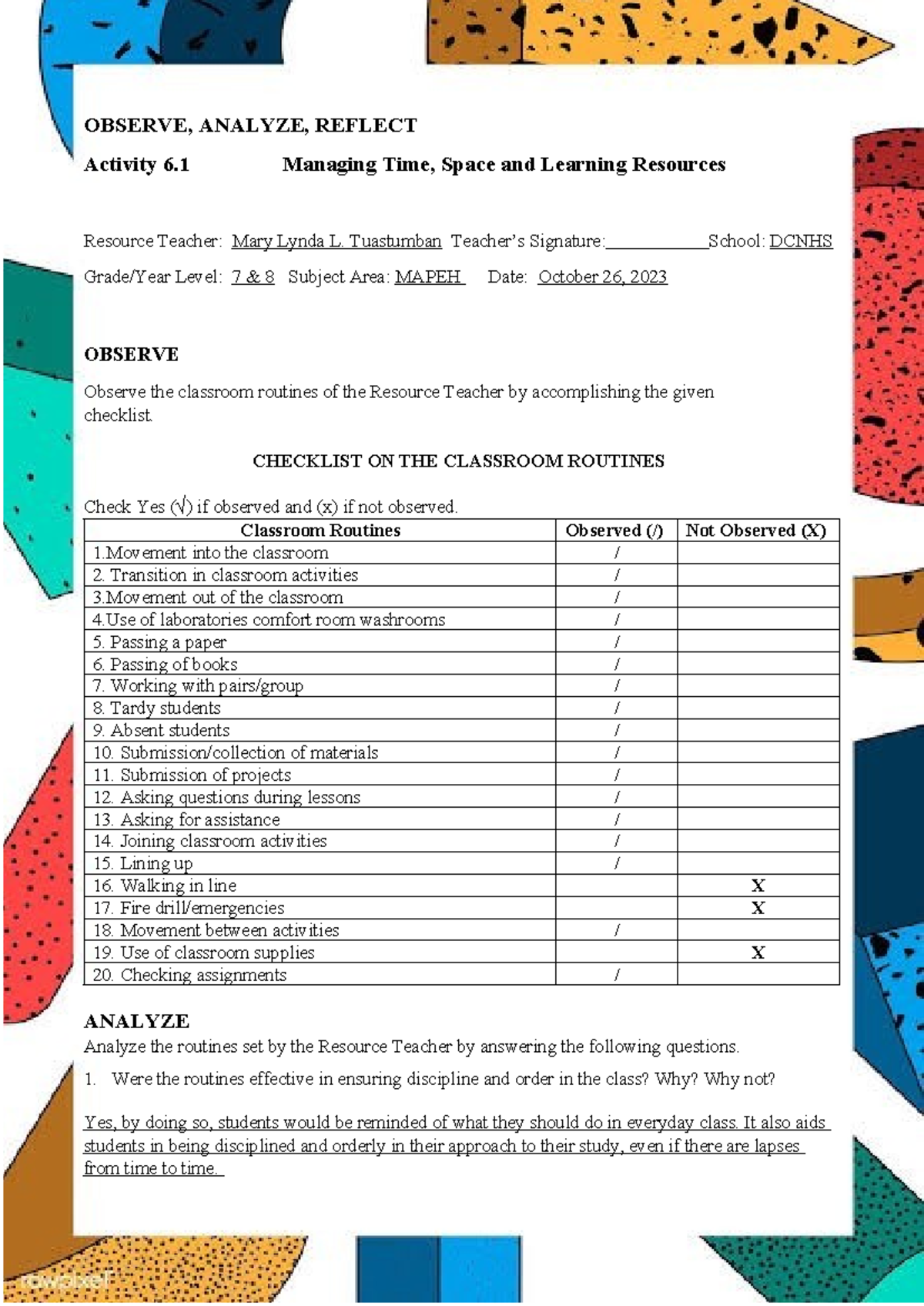 Episode-6 - Key Answer - OBSERVE, ANALYZE, REFLECT Activity 6 Managing ...