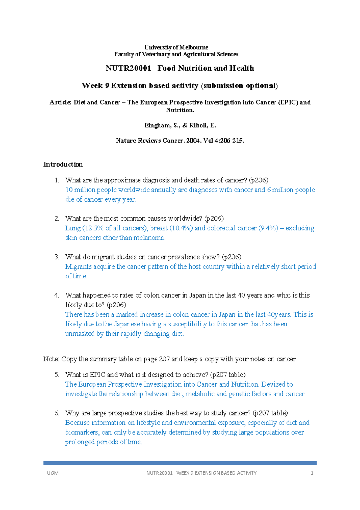 Week 9 Extension based activity answers - UOM NUTR20001 WEEK 9 ...