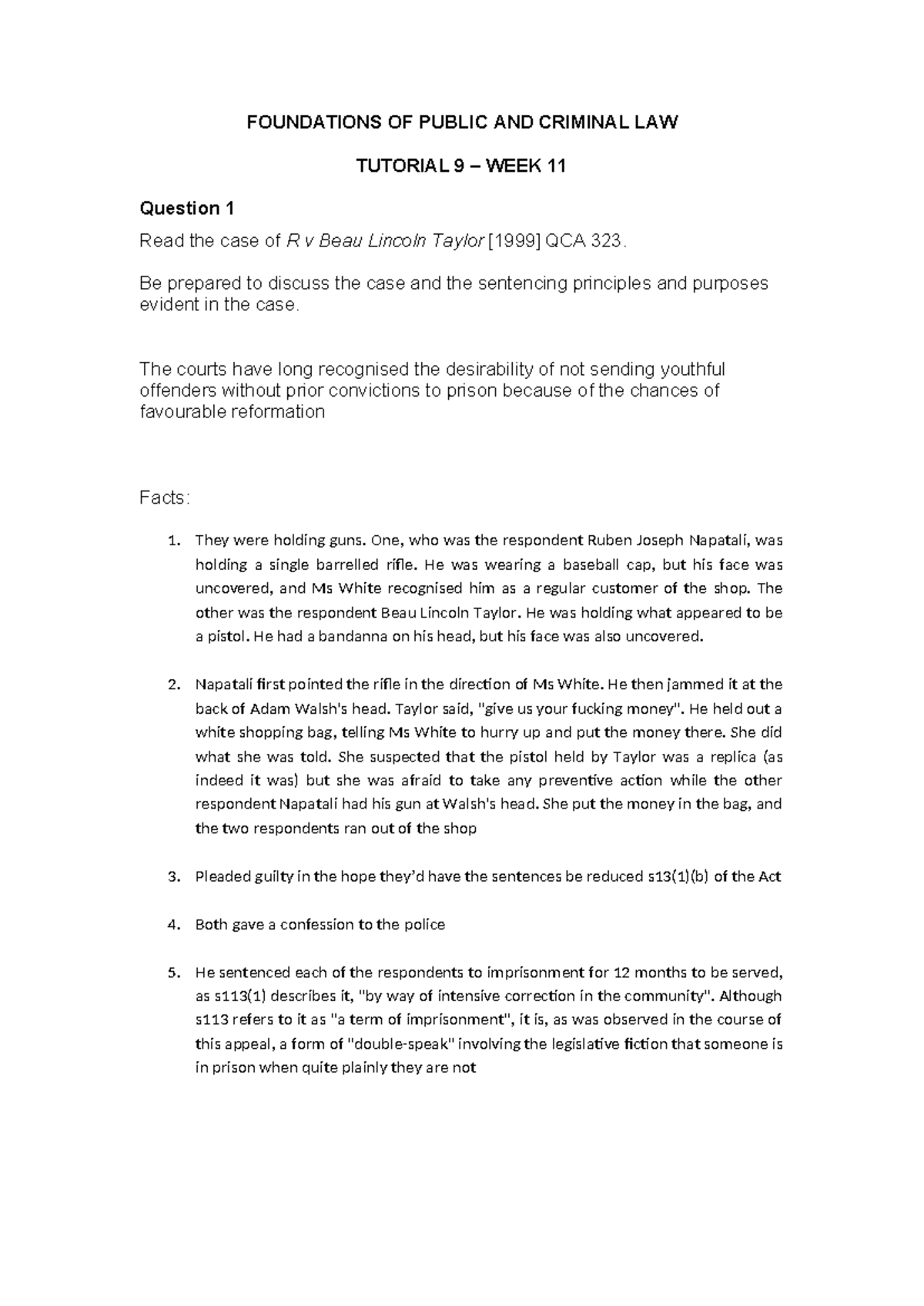 Tutorial 9 - Week 11 - TUTE - FOUNDATIONS OF PUBLIC AND CRIMINAL LAW TUTORIAL 9 – WEEK 11 ...