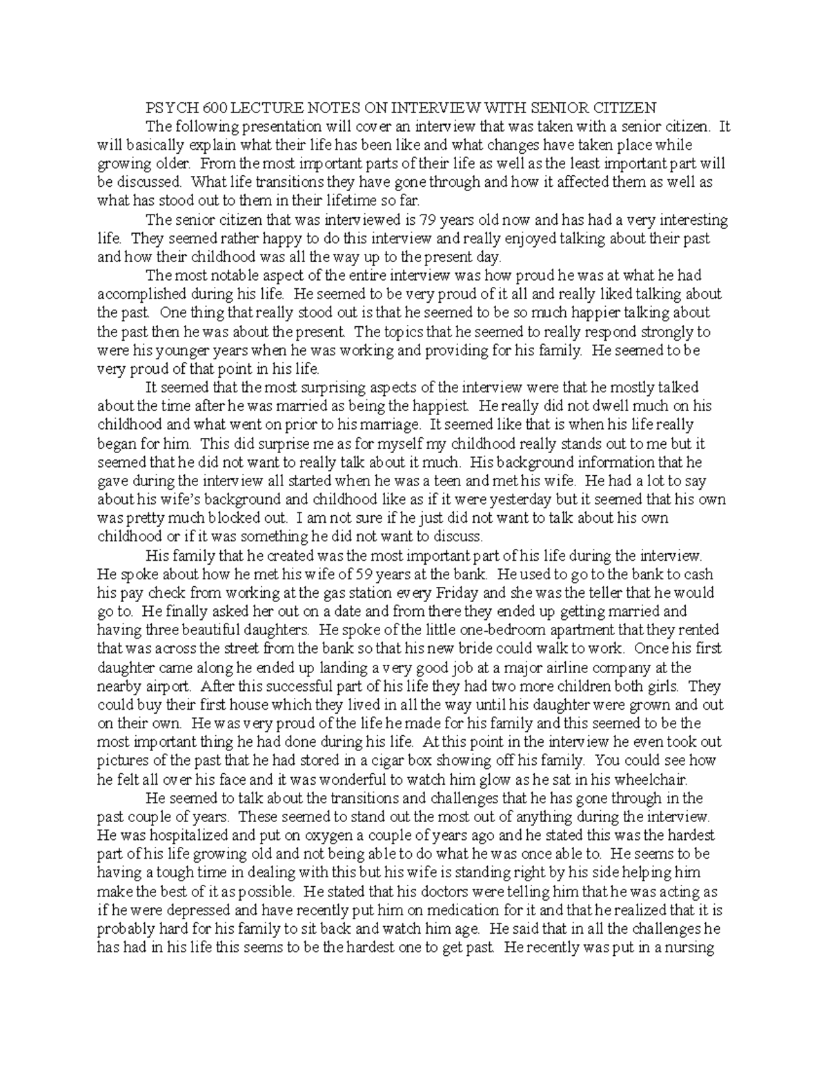PSYCH 600 Lecture Notes ON Interview WITH Senior Citizen - PSYCH 600 ... PSYCH 600 Lecture Notes ON Interview WITH Senior Citizen - PSYCH 600 ...