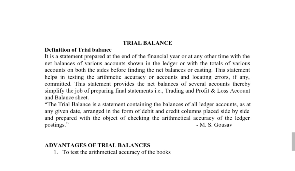 Basic concepts- Trail Balance - TRIAL BALANCE Definition of Trial ...