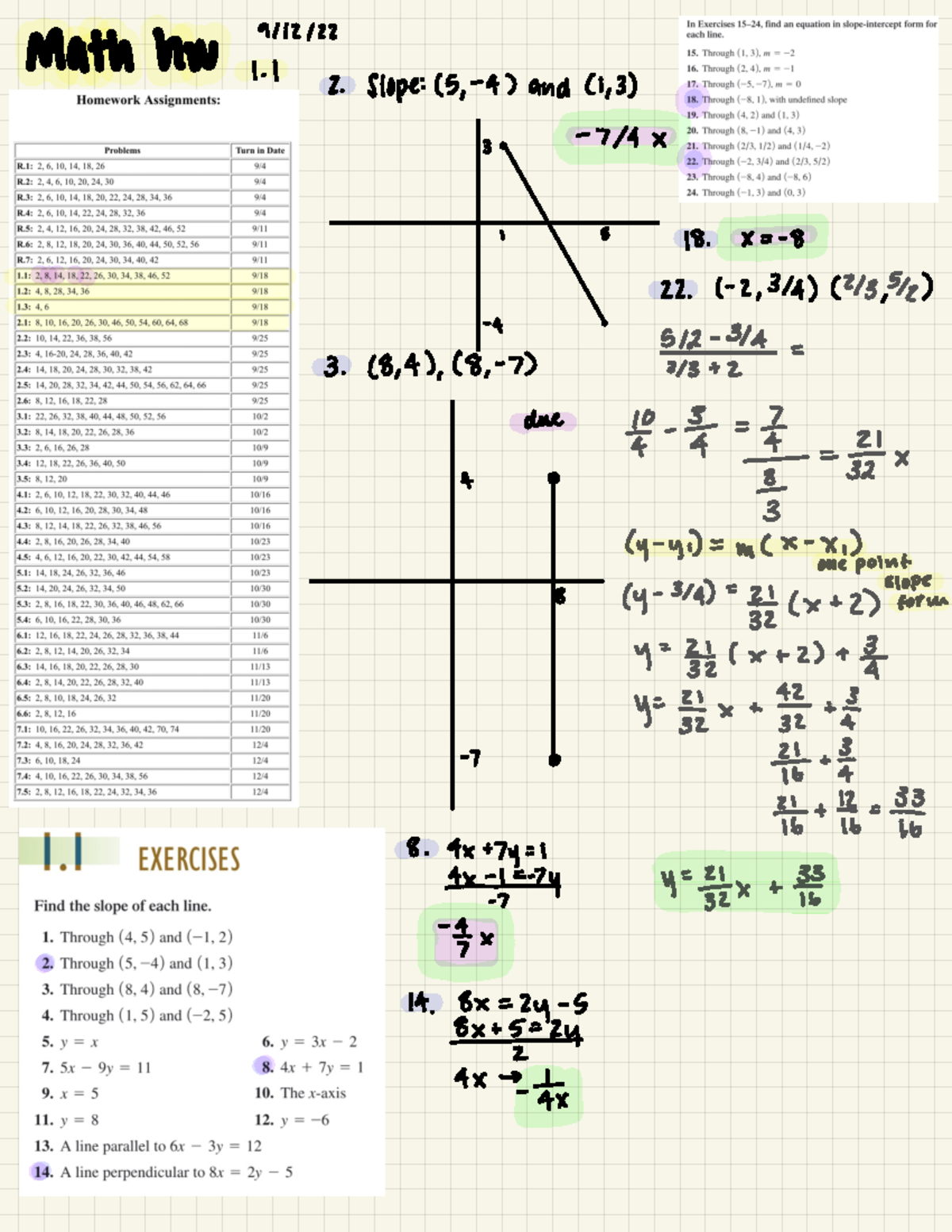 Math 16 - Classwork - Math hw 9/12/ 1-I 2. Slope:( 5 ,-4) and (1,3) 3 ...