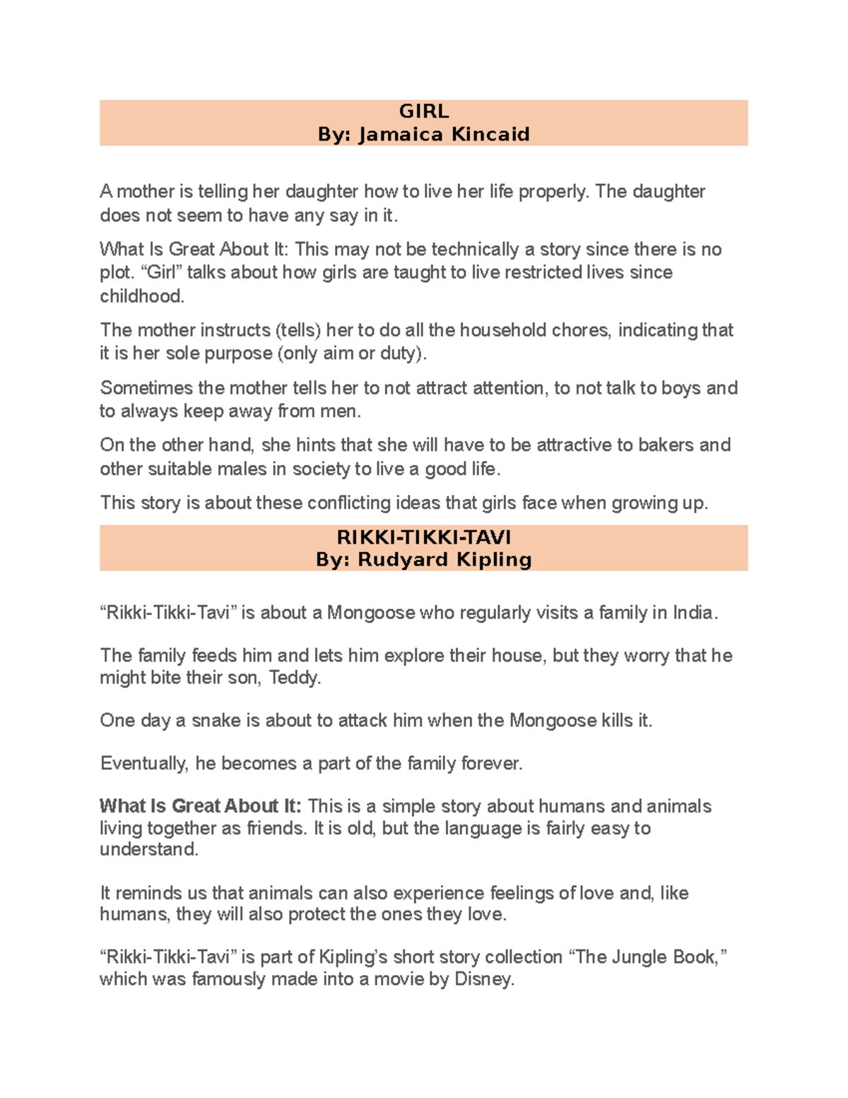 The Five Short Stories Entry 3 - GIRL By: Jamaica Kincaid A mother is ...