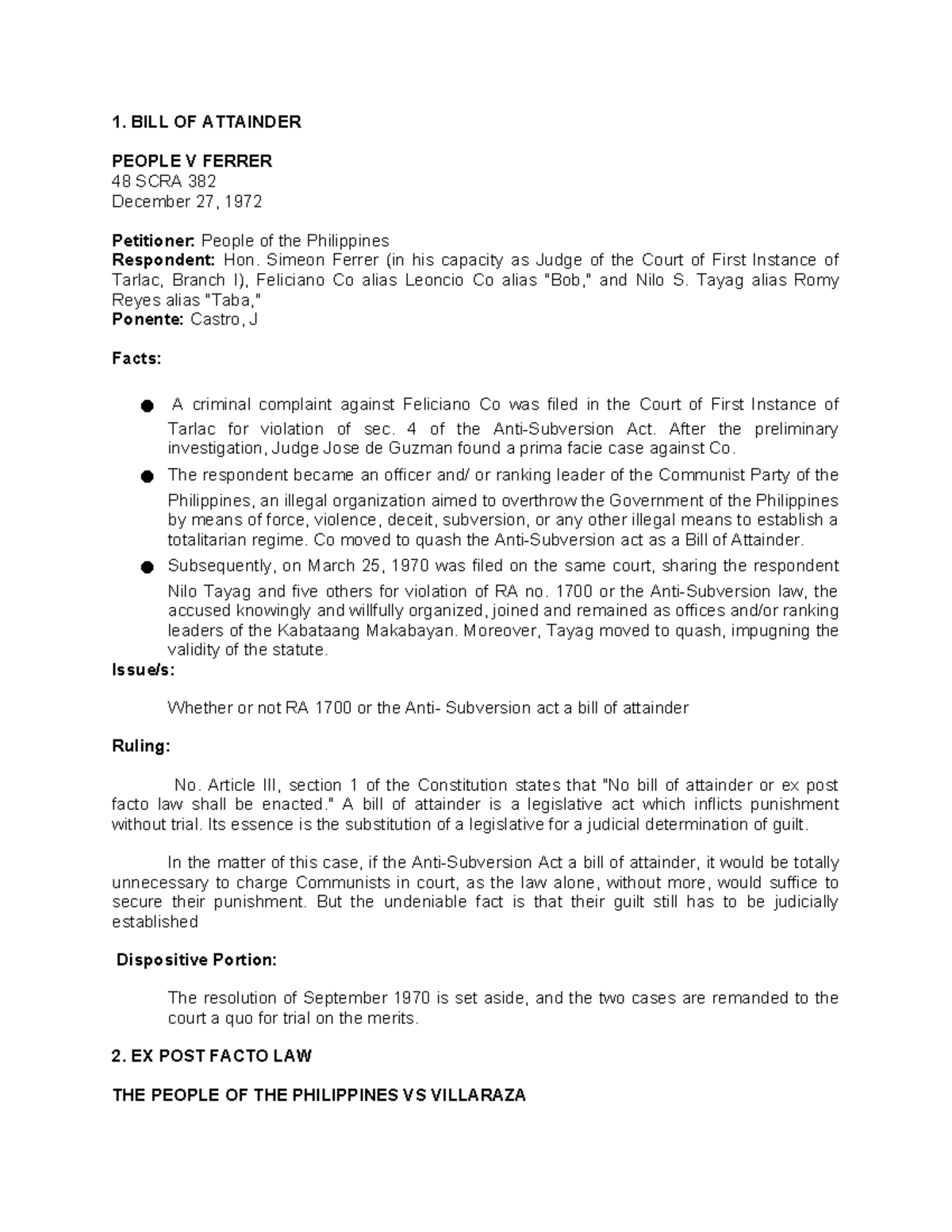 Compiled Digests 1-15 - 1. BILL OF ATTAINDER PEOPLE V FERRER 48 SCRA ...