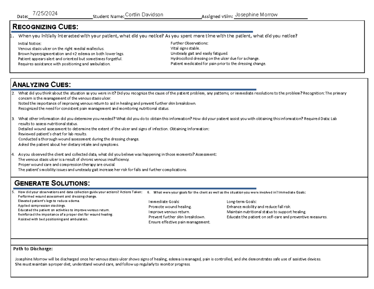 Post Sim Clinical Judgment Worksheet Josephine Morrow - Date: Student ...