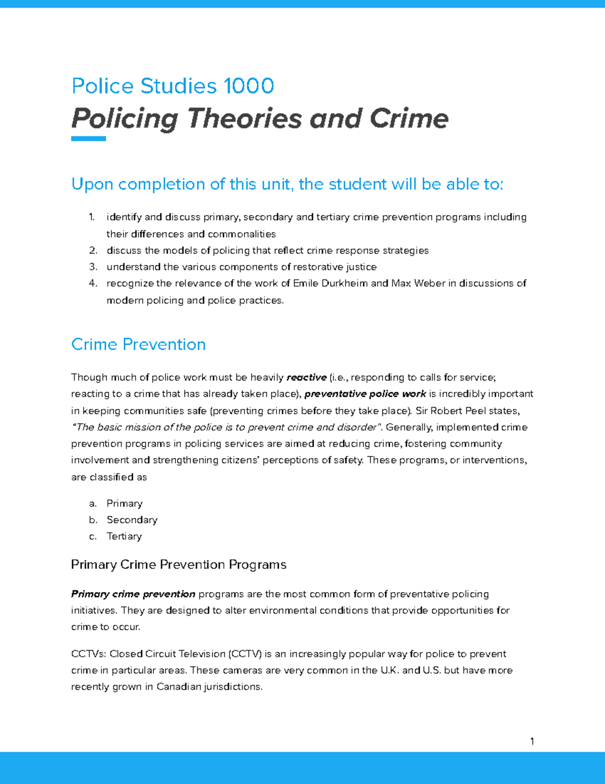 Police Studies 1000 - Policing Theories and Crime - Police Studies 1000 ...