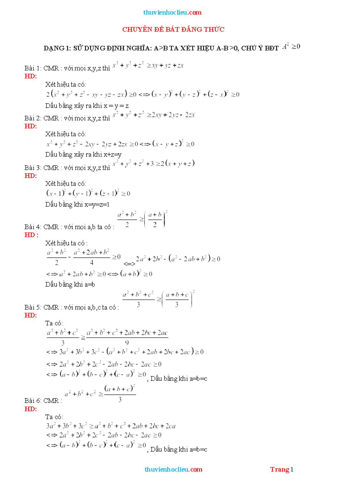 Thuvienhoclieu - CHUYÊN ĐỀ BẤT ĐẲNG THỨC DẠNG 1: SỬ DỤNG ĐỊNH NGHĨA: A ...