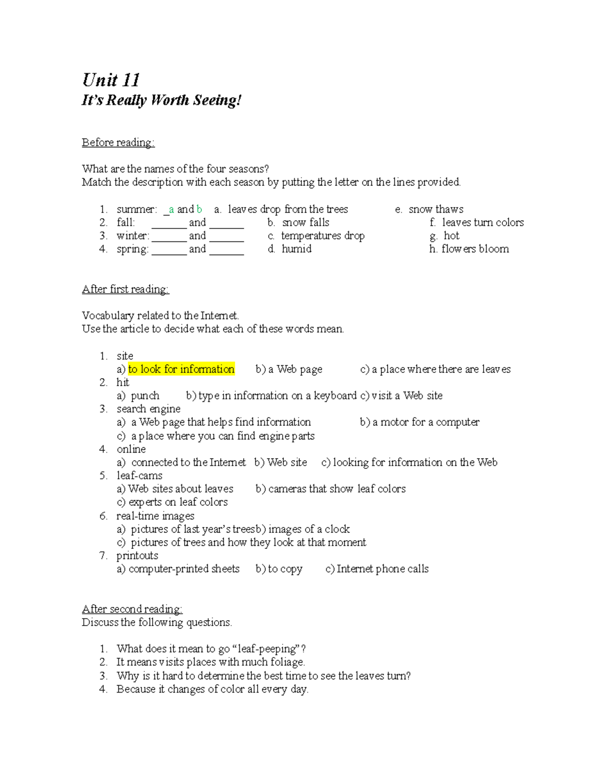Supplemental Reading I2 U11 - Unit 11 It’s Really Worth Seeing! Before ...