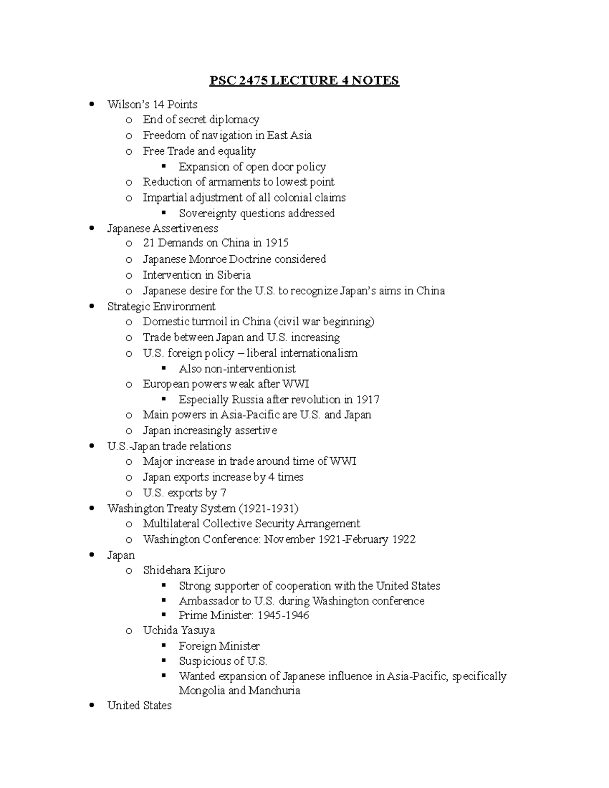 Lecture 4 - PSC 2475 LECTURE 4 NOTES Wilson’s 14 Points o End of secret ...