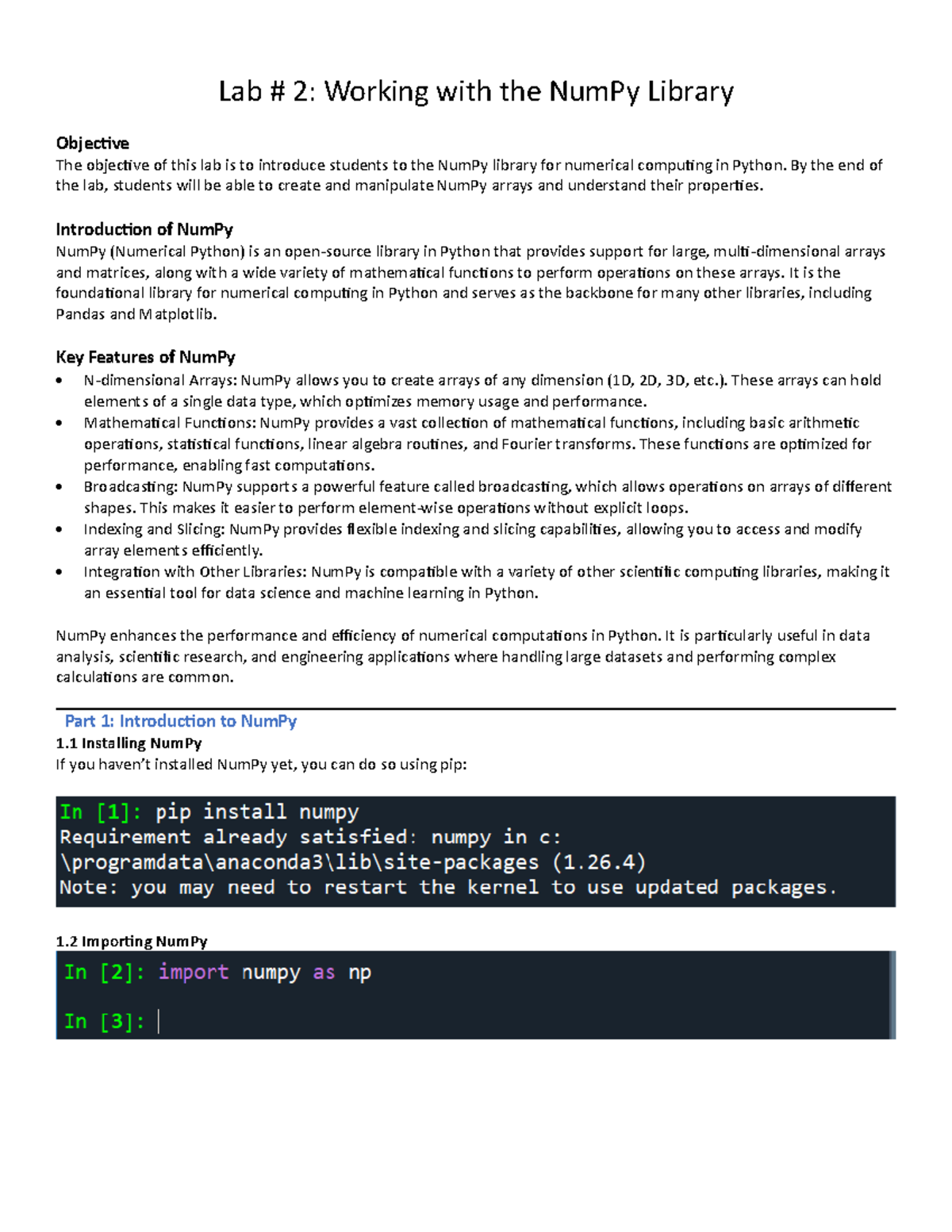 Lab Introduction To Numpy Lab 2 Working With The Numpy Library