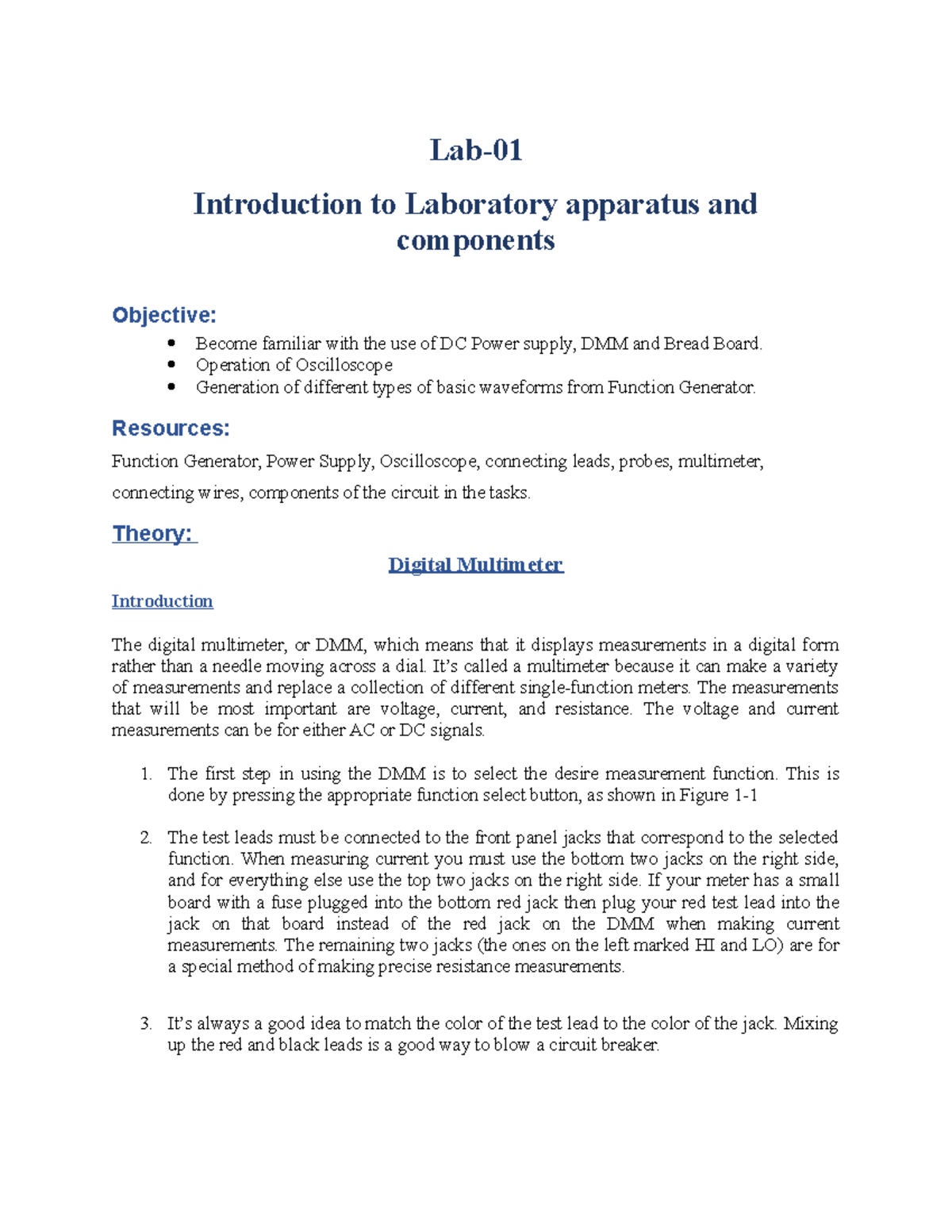 LCA - Linear Circuit Analysis - Lab- Introduction to Laboratory ...