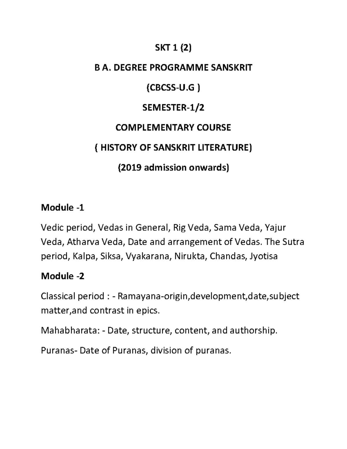 I Sem. - History of Sanskrit Literature - 2019 Admn - SKT 1 (2) B A ...