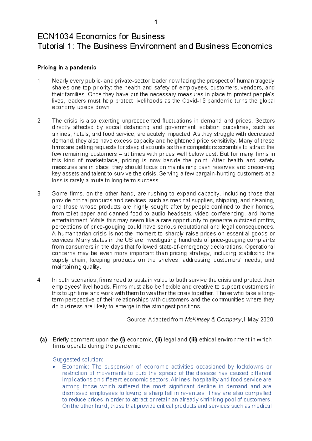 Tutorial Solutions [01] - 1 ECN1034 Economics for Business Tutorial 1 ...