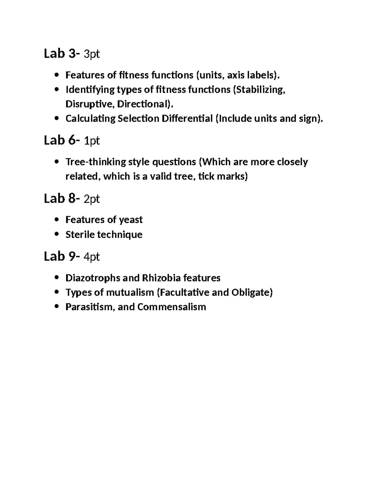 Bio 200- Lab Quiz 8 Need-to-know - Lab 3- 3pt Features of fitness ...