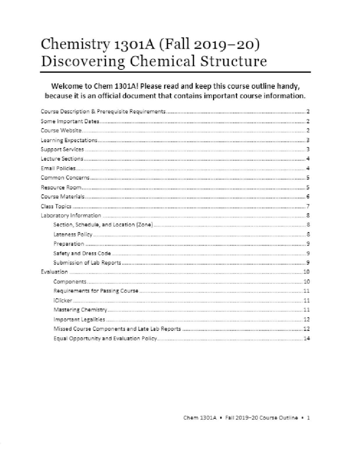 Chem 1301A Course Outline 2019 - CHEM1301 - Studocu