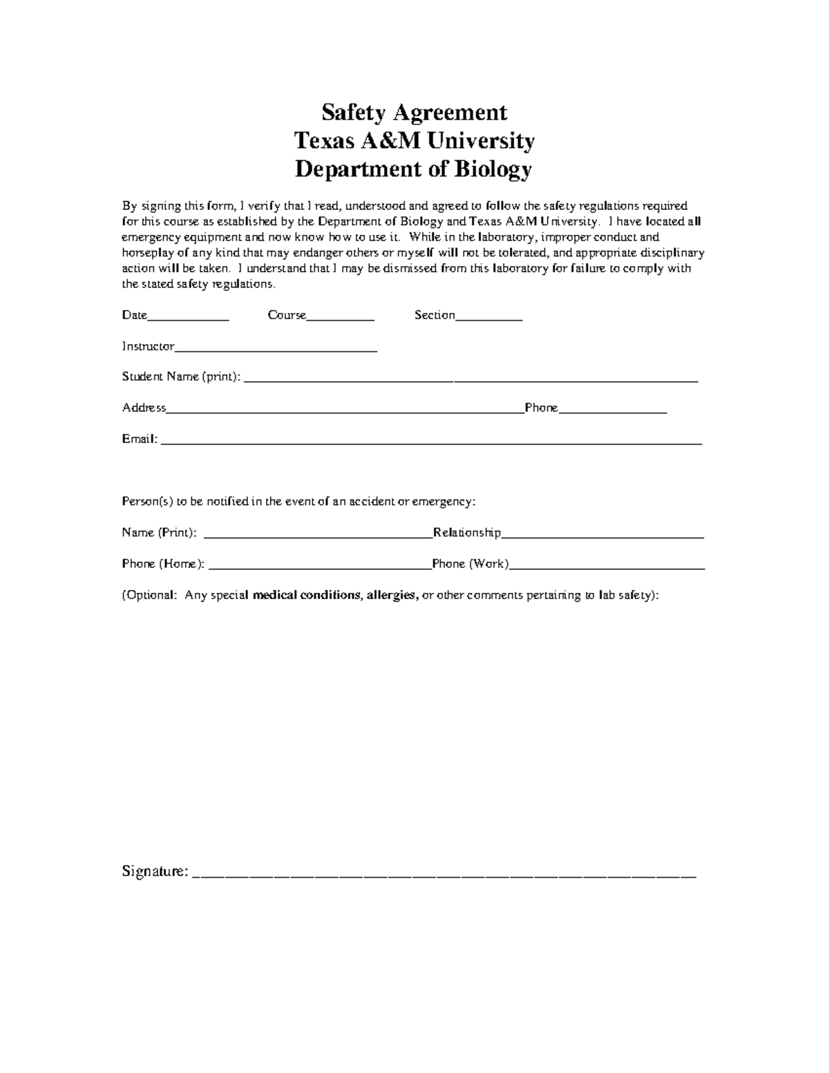 Student Safety Agreement - Safety Agreement Texas A&M University ...