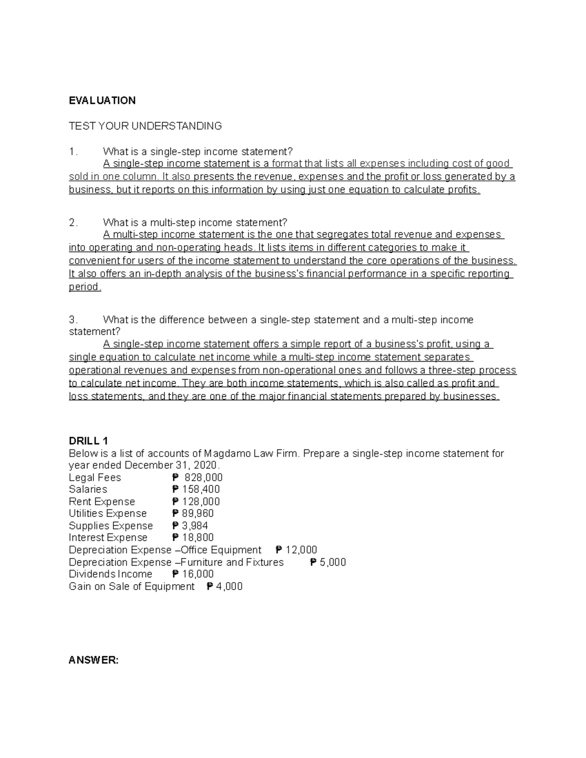 TEST YOUR UNDERSTANDING Income Statement - EVALUATION TEST YOUR ...