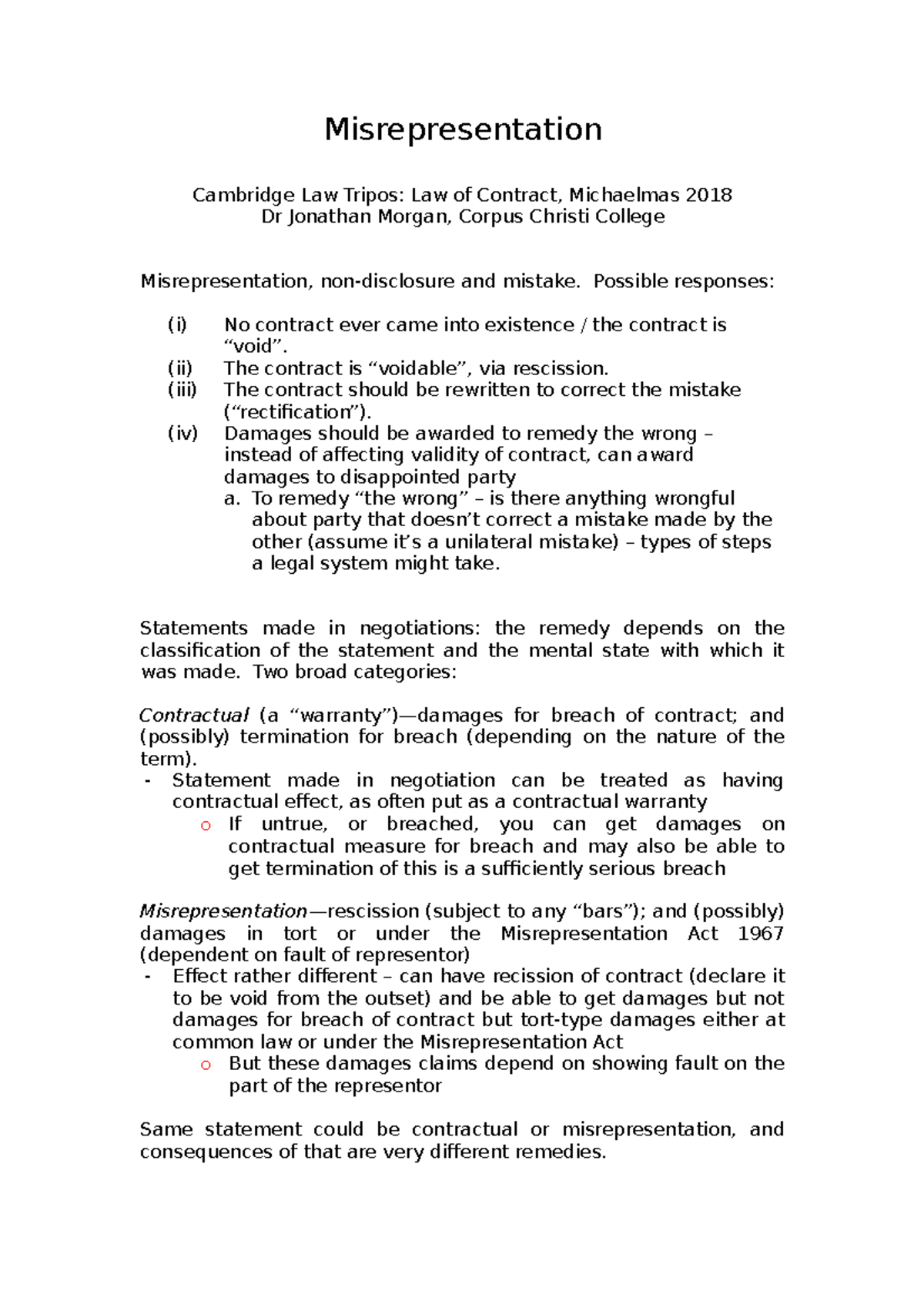 Misrep handout 2018 - Misrepresentation Cambridge Law Tripos: Law of ...