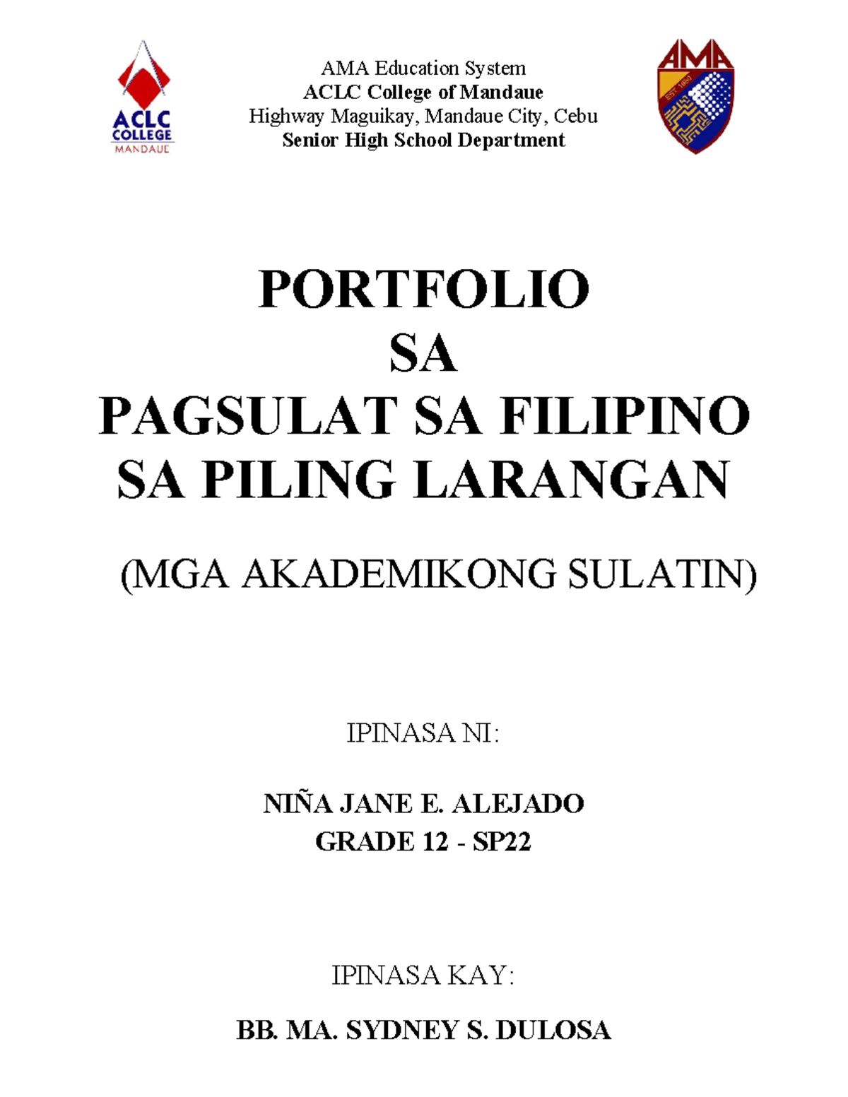 Pagsulat Portfodlio Cover PAGE Template - English semantics and ...