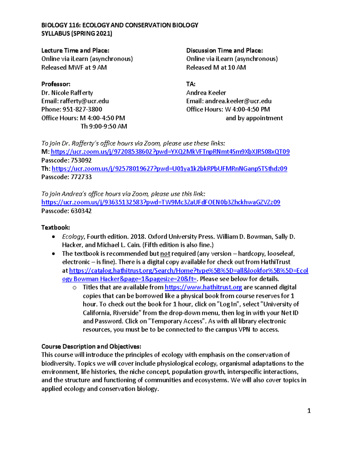 BIOL 116 Syllabus S21 post - SYLLABUS (SPRING 2021) Lecture Time and ...