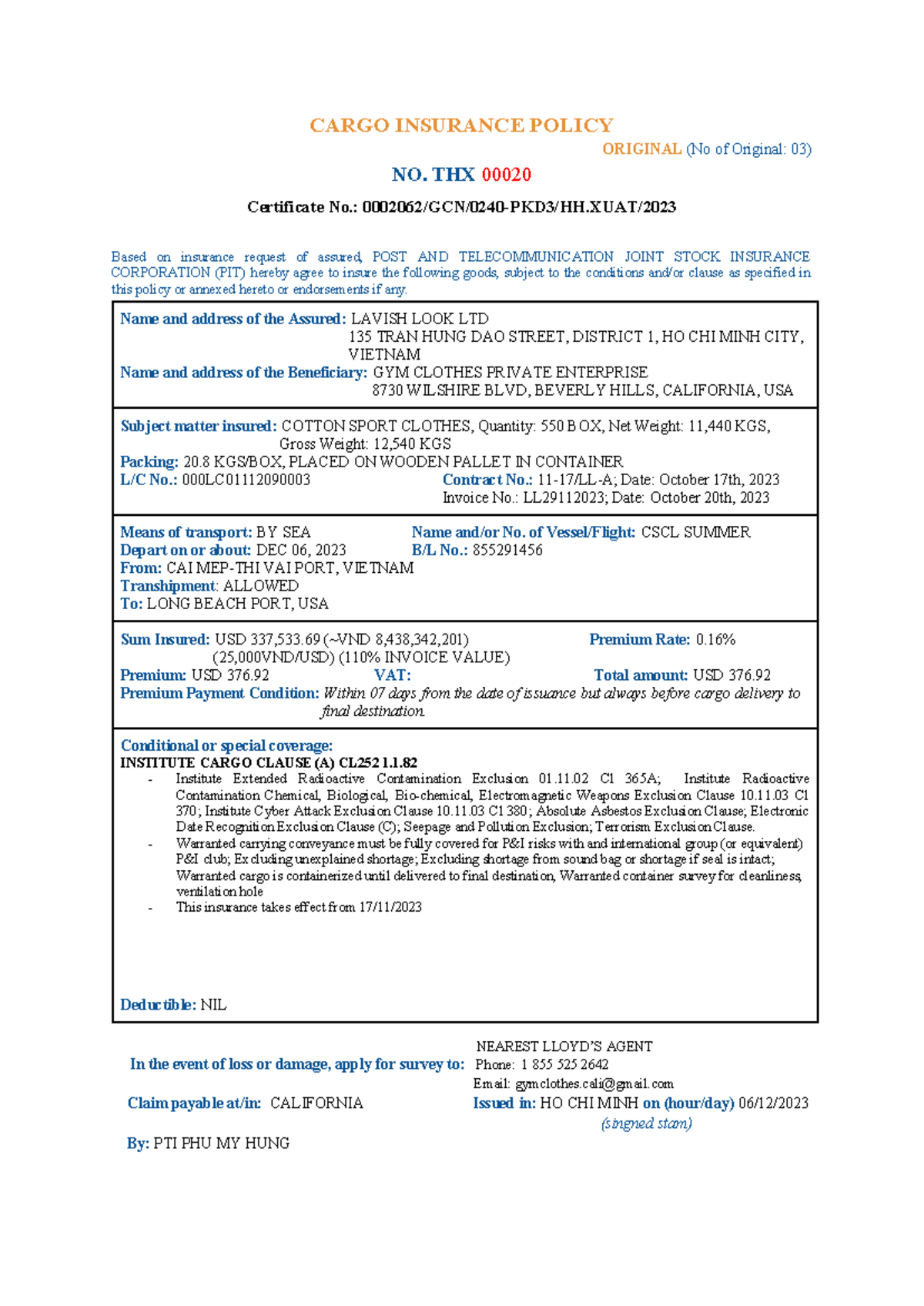 Cargo Insurance Policy - CARGO INSURANCE POLICY ORIGINAL (No of ...