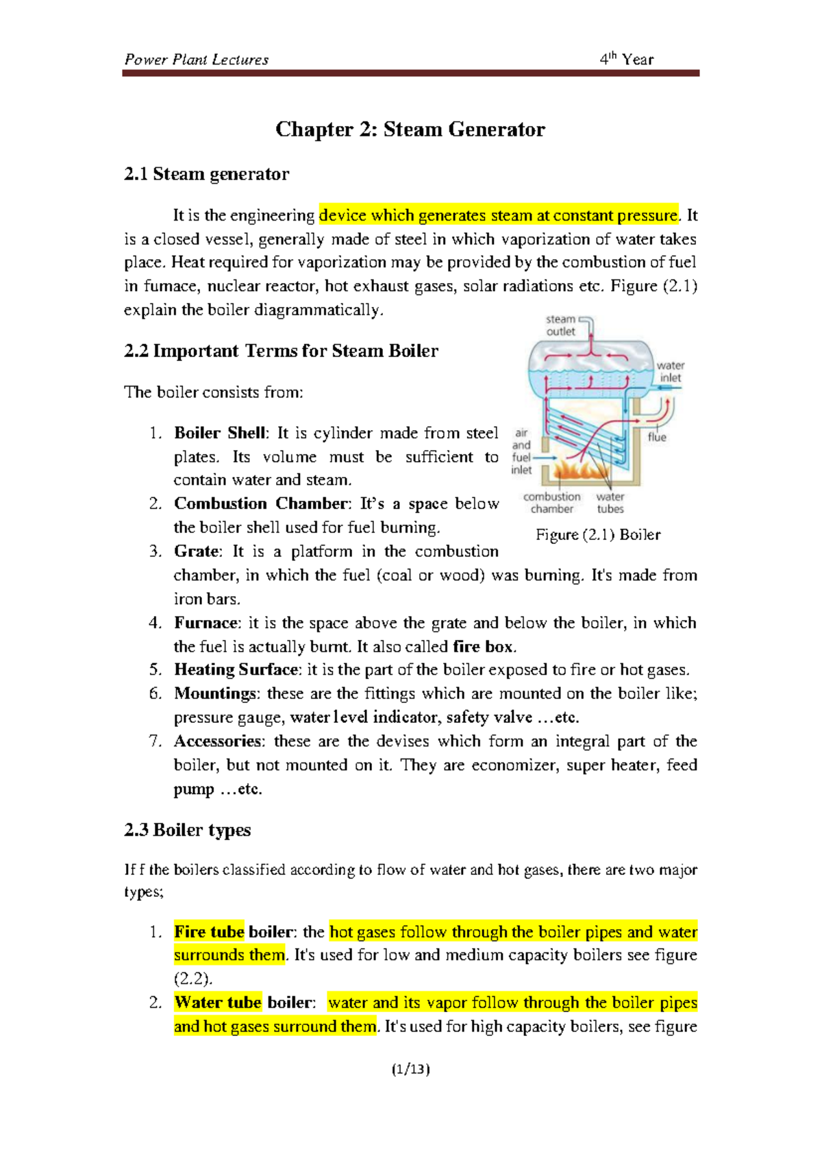 Boilers worked examples - Power Plant Lectures 4 Year Chapter 2 : Steam Generator 2 .1 Steam ...