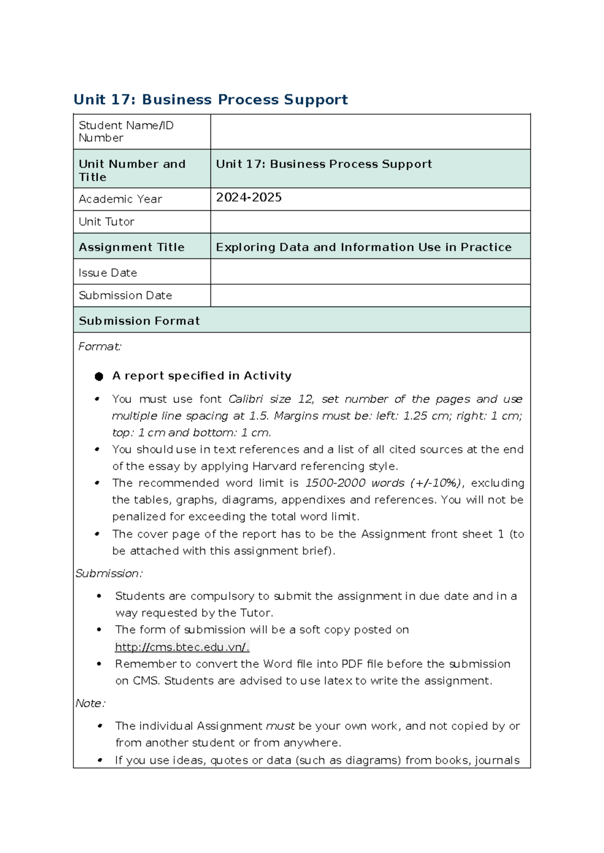 Assignment 1 - Guidance - Unit 17: Business Process Support Student ...