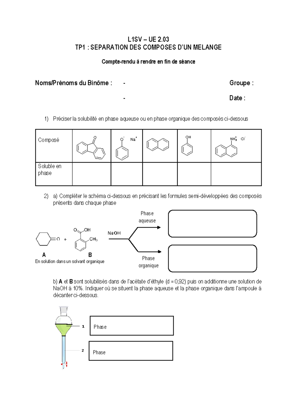 CR TP1 - TP chimie organique - L1SV – UE 2. TP1 : SEPARATION DES ...